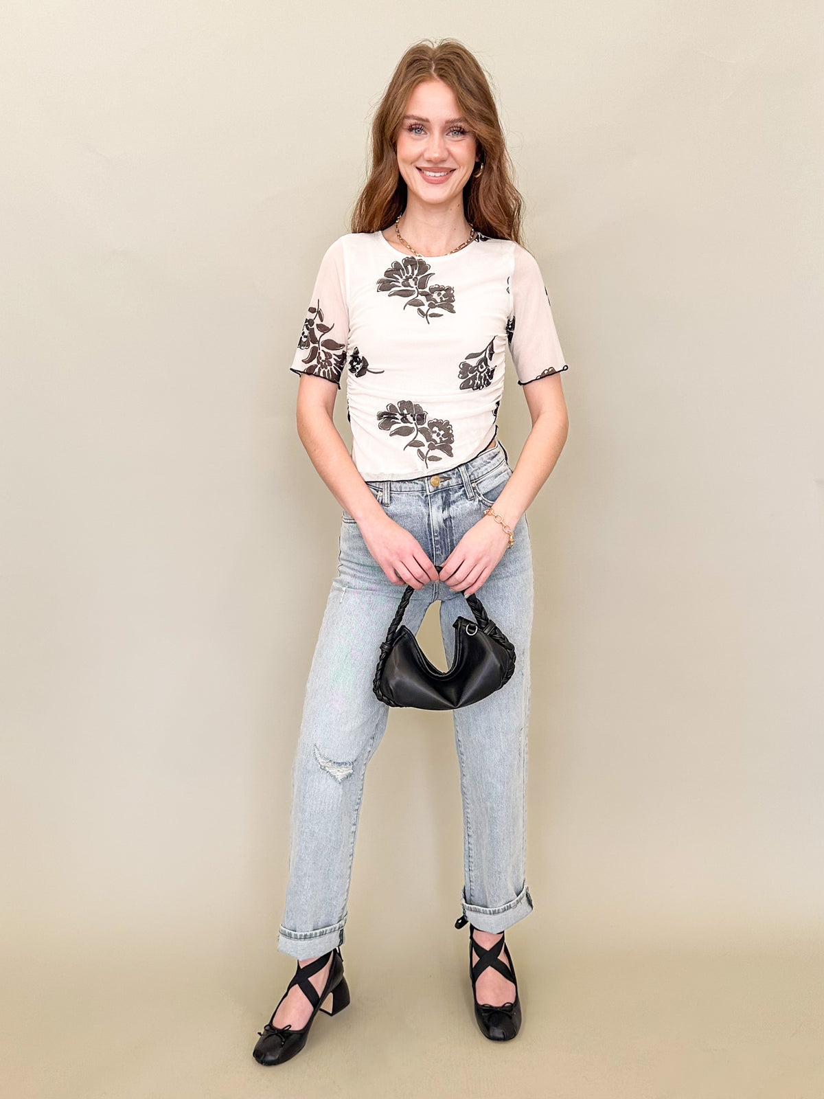 Floral Mesh Ruched Top Look — Out of Town Clothing