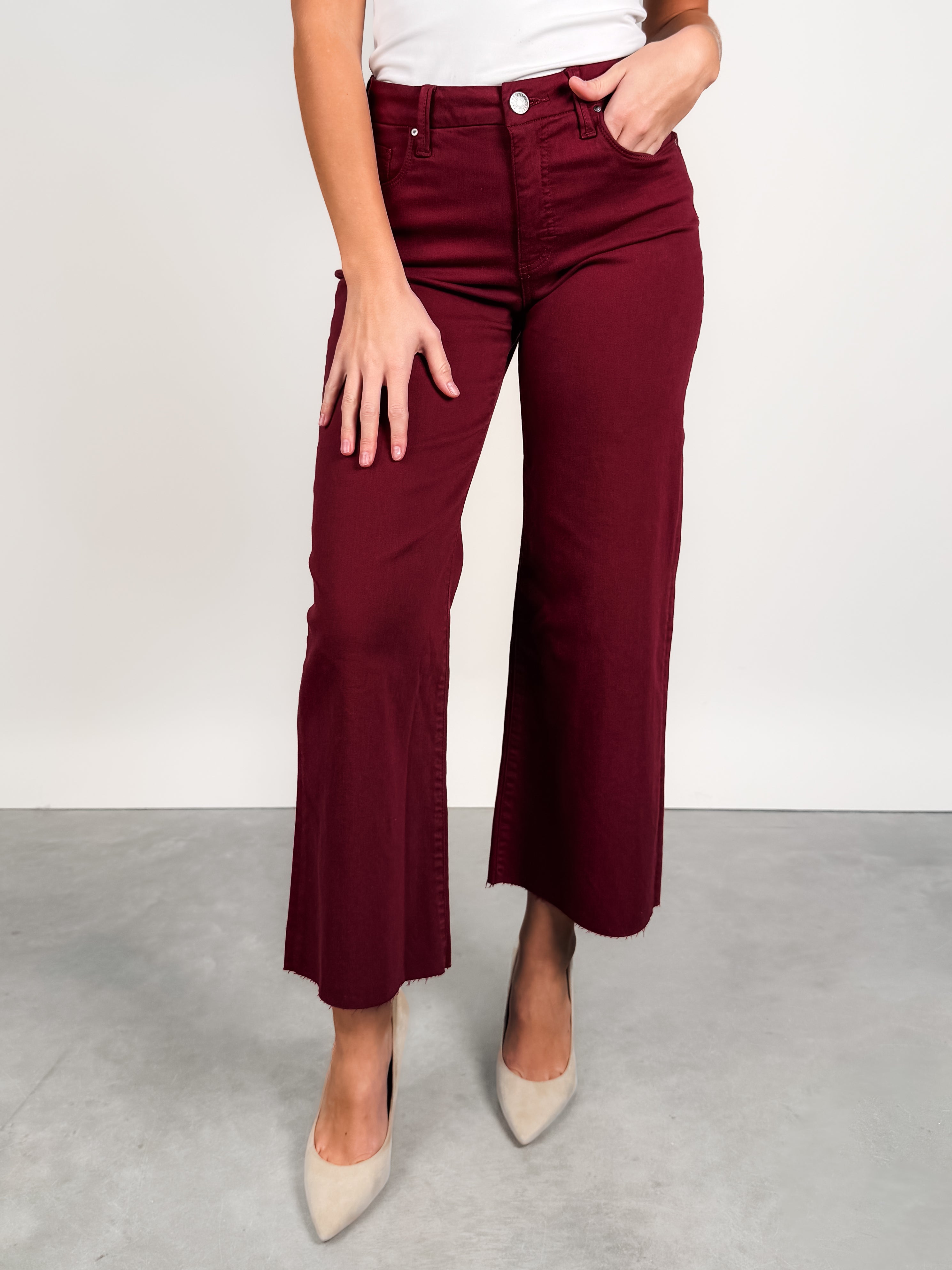 Meg High Rise Fab Ab Wide Leg Raw Hem in Maroon — Out of Town Clothing